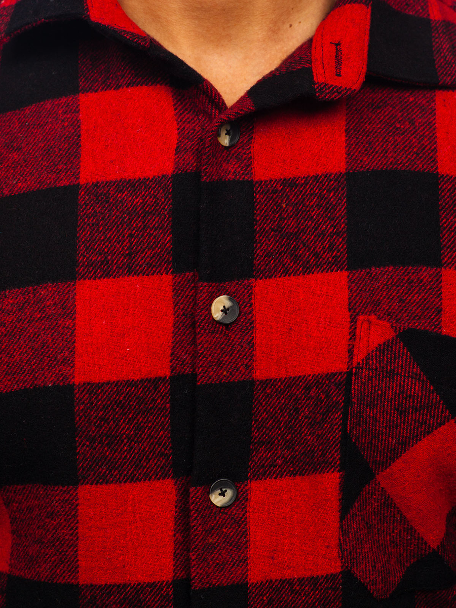 Cămașă roșie cu mânecă lungă în carouri de flanel pentru bărbați Bonley ...