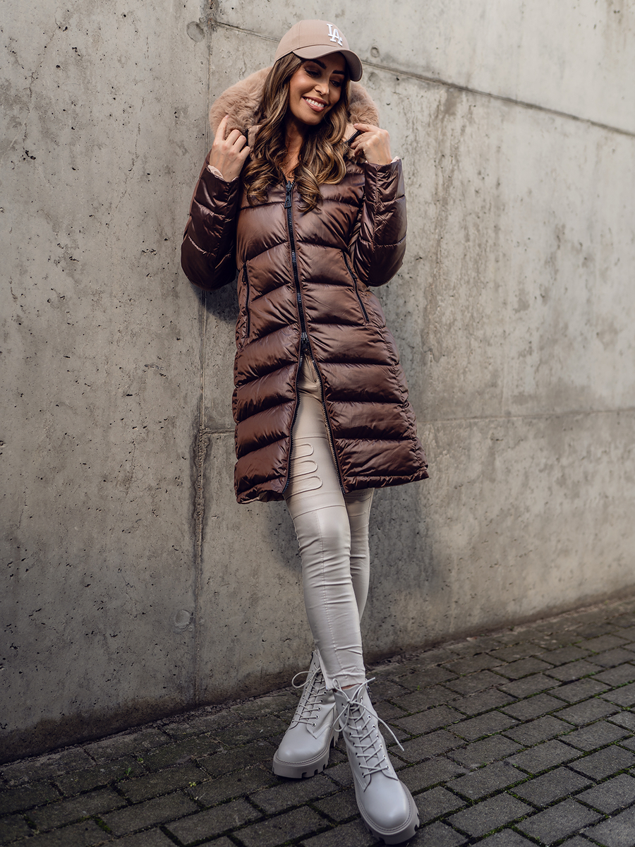 Geacă-palton lungă cu glugă pe două părți maro dame Bolf B8202A - Bolf.ro