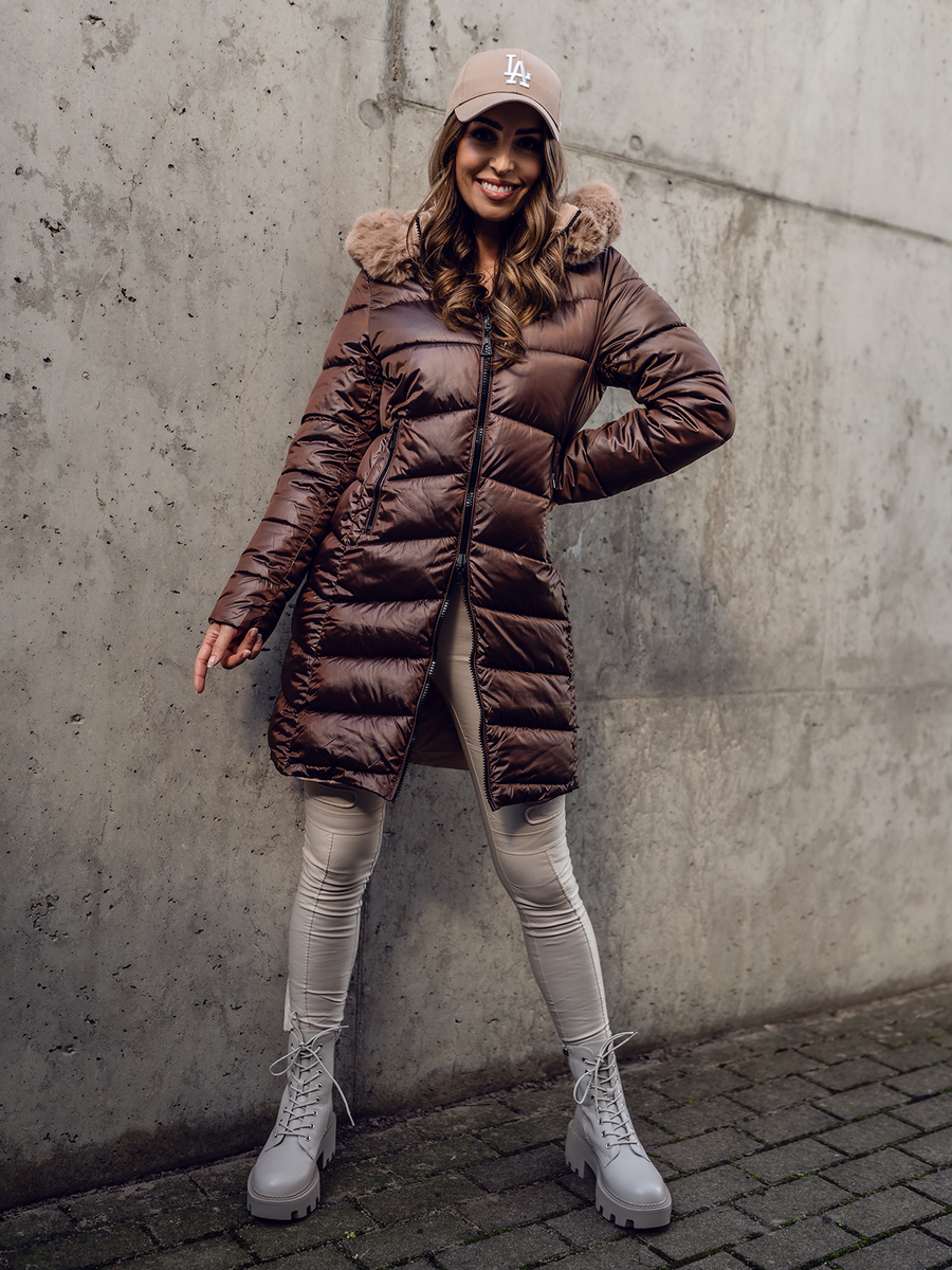 Geacă-palton lungă cu glugă pe două părți maro dame Bolf B8202A - Bolf.ro