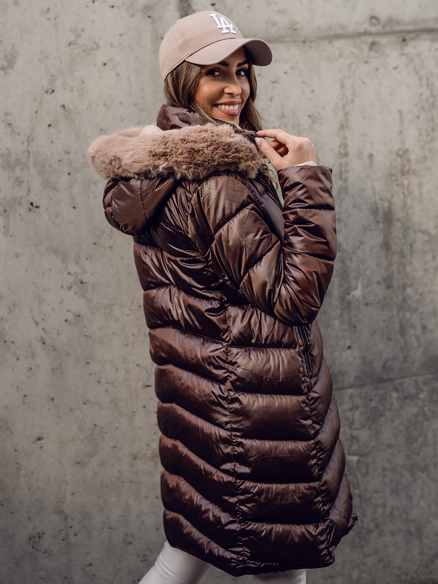 Geacă-palton lungă cu glugă pe două părți maro dame Bolf B8202A - Bolf.ro